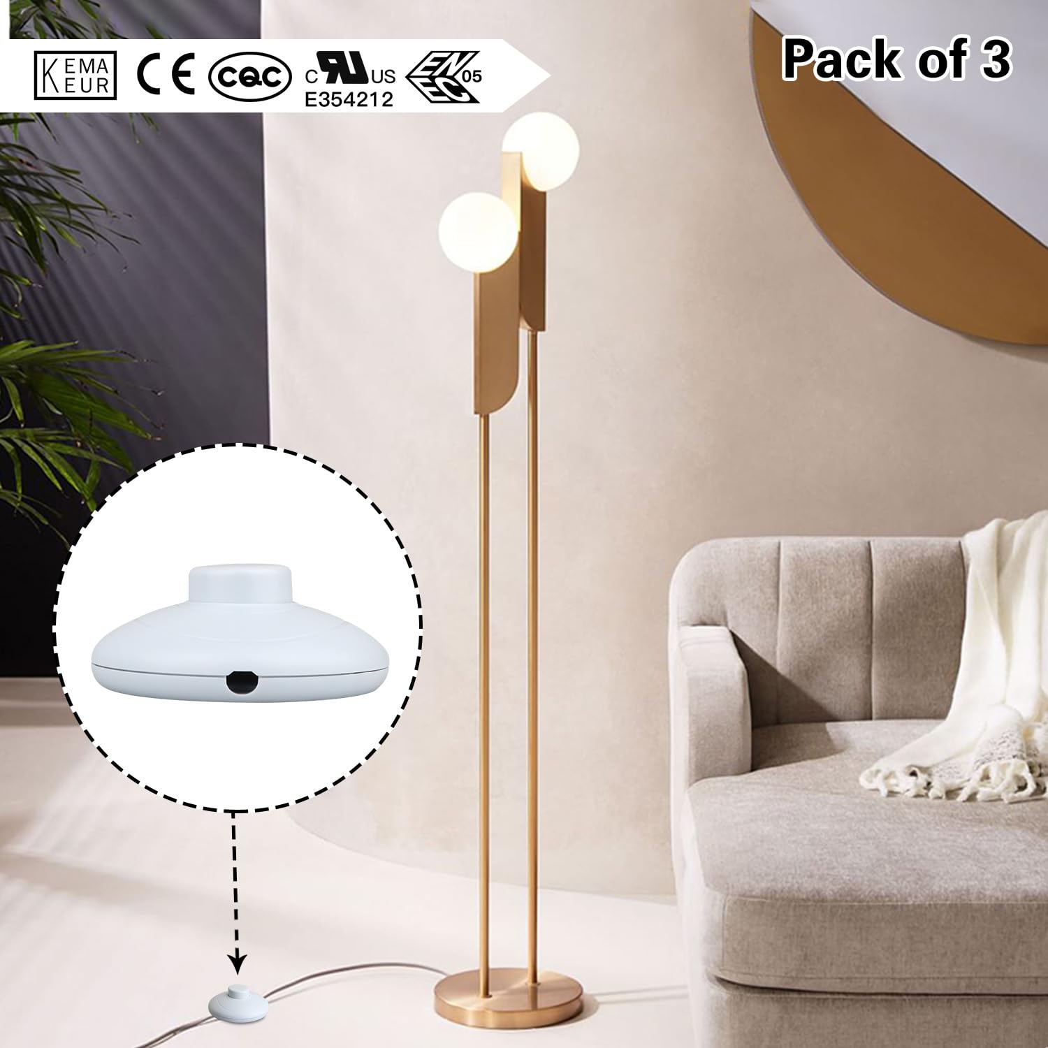 Helunsi 3Pcs Floor Lamp Foot Switch, White Foot Pedal Switch, Round Floor Lamps Foot Inline Switch, Step ON Off Spring Push Button, for Control Replacement Floor Lamp Extension Cord Parts - Pack of 3