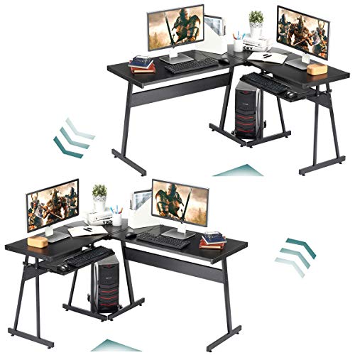 HEEYUE Computer Desk, L-Shaped Large Corner PC Laptop Study Table Workstation Gaming Writing Desk with Keyboard Tray for Home Office - Free CPU Stand - Wood & Metal - Black Wood Grain