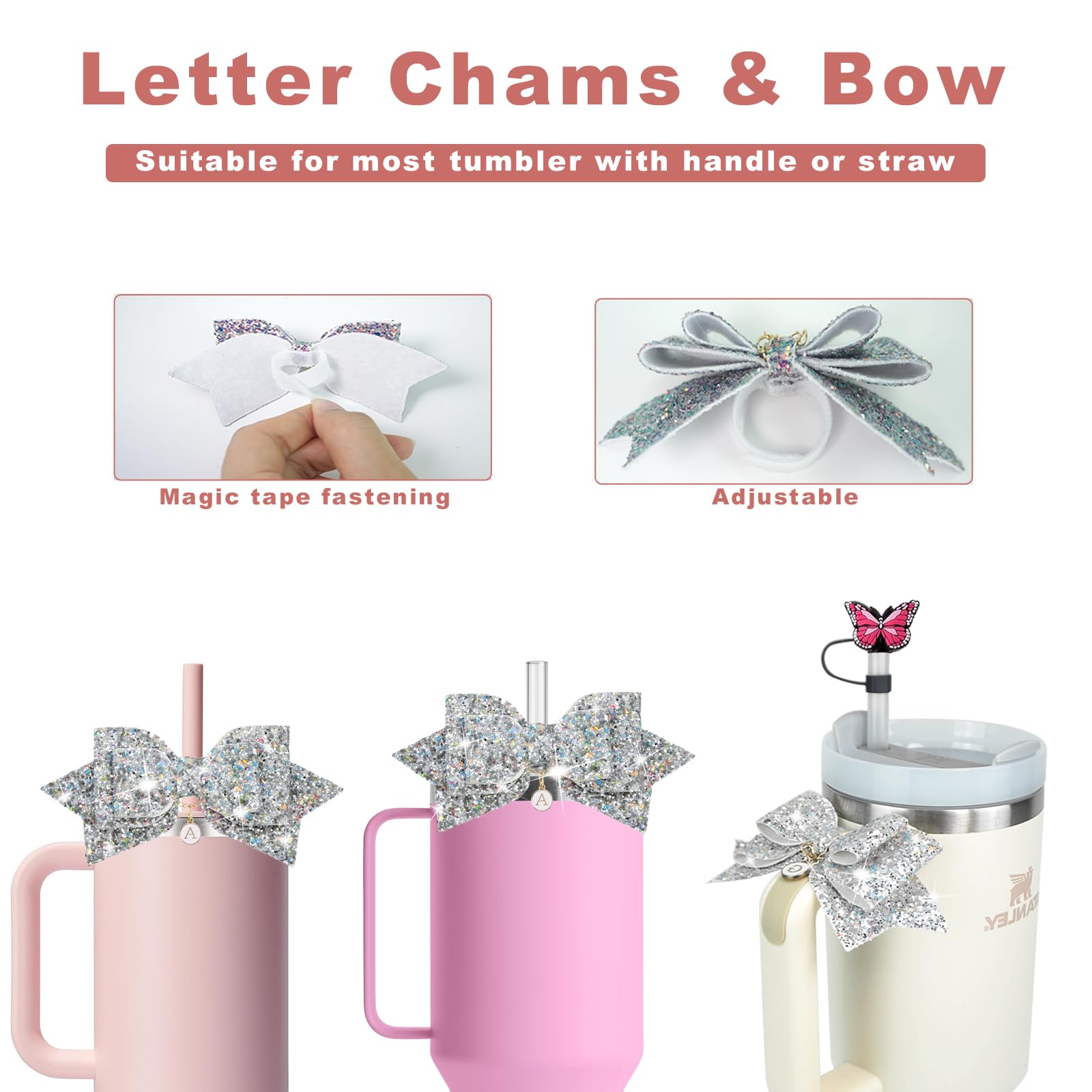 MOVOLIVI Stanley Charms Accessories, 2 Set Straw Cover, Letter Charms and Handle Bow for Stanley Tumbler, Cup Decorations with Initial Name ID for Stanley Simple Modern (S)
