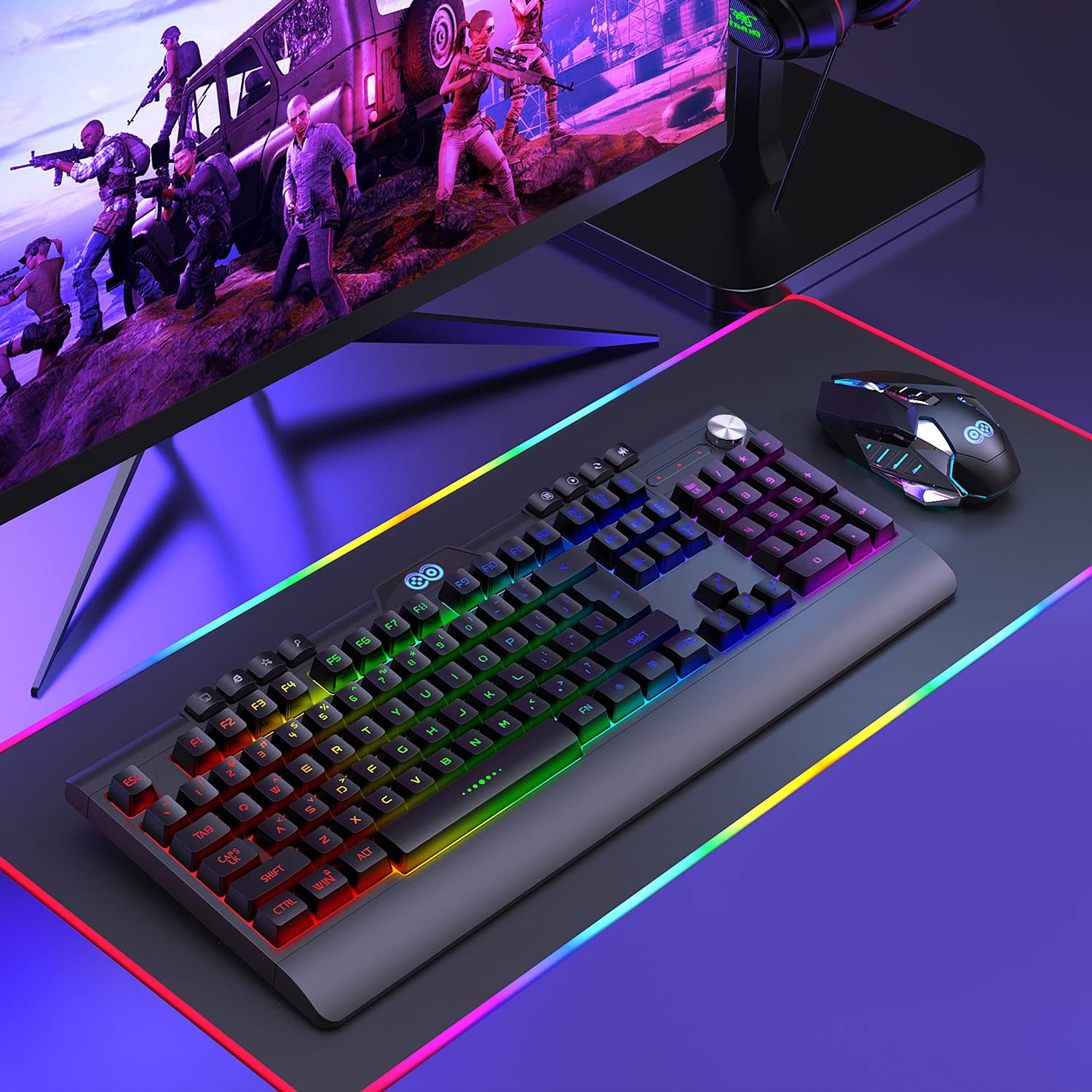 HETOETF Wireless Gaming Keyboard and Mouse Combo with Rainbow LED Backlit Rechargeable 4000mAh Battery Mechanical Ergonomic Waterproof Dustproof 7 Color Mice for Computer PC Mac Gamer (Black)