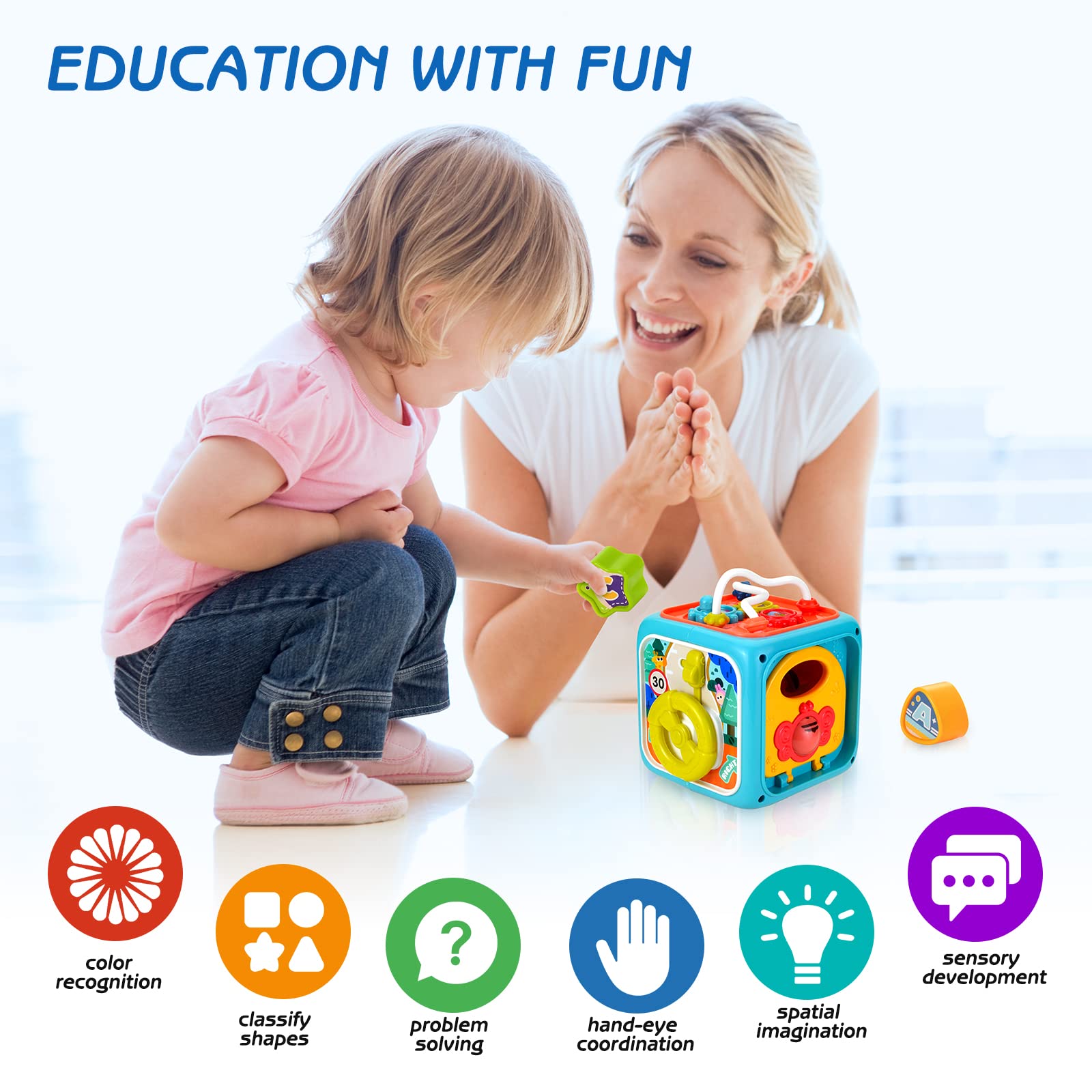 IDS Home Activity Cube Toys,6 in 1 Multi-Purpose Learning Cube with Music,Activity Center Shape Sorter Toy Gift for 18M+ Boy Girl Toddlers Kids, Christmas, Birthday Gift