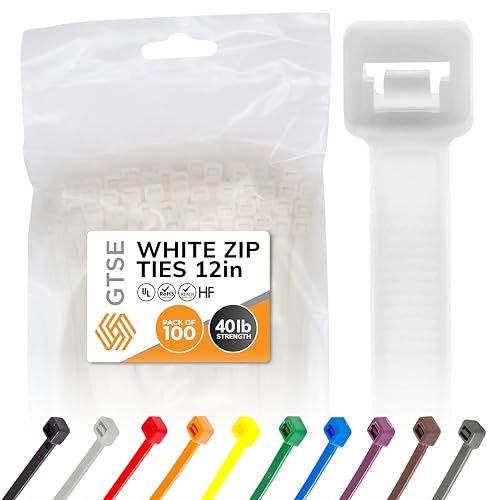 GTSE 12 Inch White/Clear Zip Ties, 100 Pack, 40lb Strength, UV Resistant Long Nylon Cable Ties, Self-Locking 12" Tie Wraps
