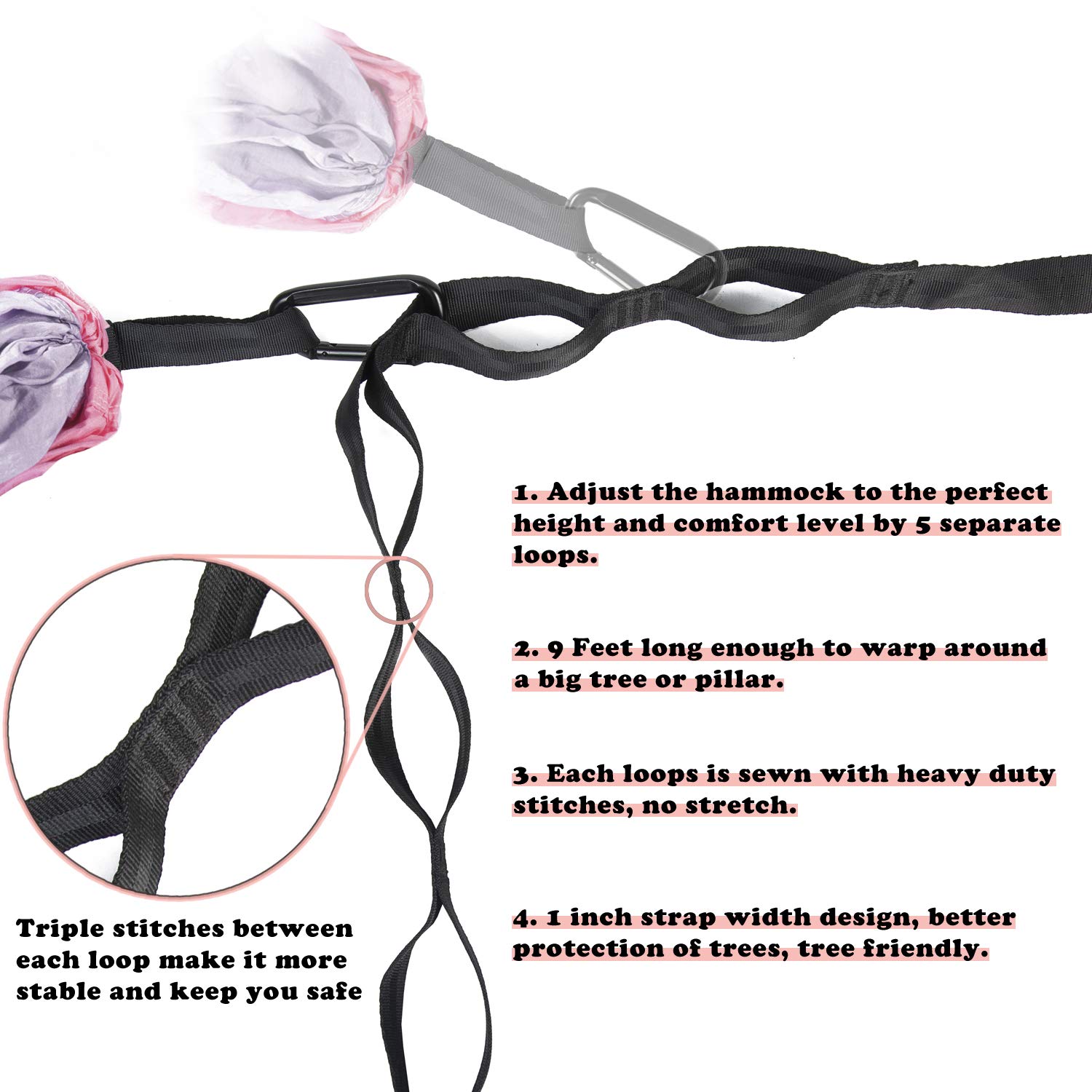 Hammock for Camping or Hiking - Portable Parachute Nylon Hammock - Best Choice for The Family time, Lavender & Pink