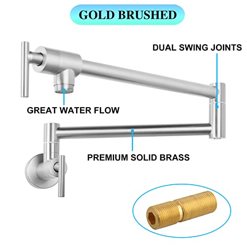 Launceter Pot Filler Faucet, Wall Mount Pot Filler Solid Brass Brushed Nickel Kitchen Faucets, Double Joint Swing Arm Kitchen Sink Pot Filler Faucets, Single Hole with 2 Handles(Brushed Nickel)