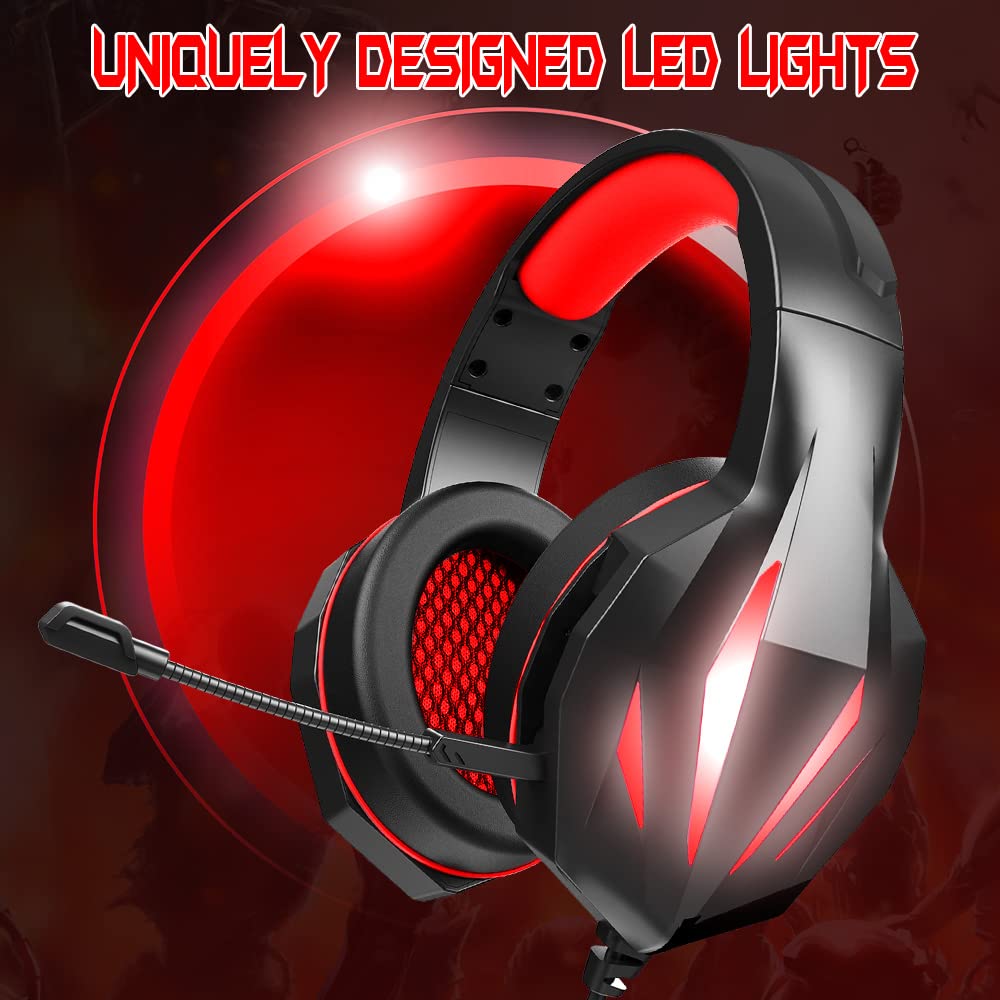 HIOEPR Gaming Headset, J5 Gaming Headphones with Microphone for PC Laptop, 50mm Drivers Over Ear Headphones for PS4PS5 Xbox One S Mac, Surround Stereo, LED Light, 3.5mm Audio Jack, Volume Control, Red