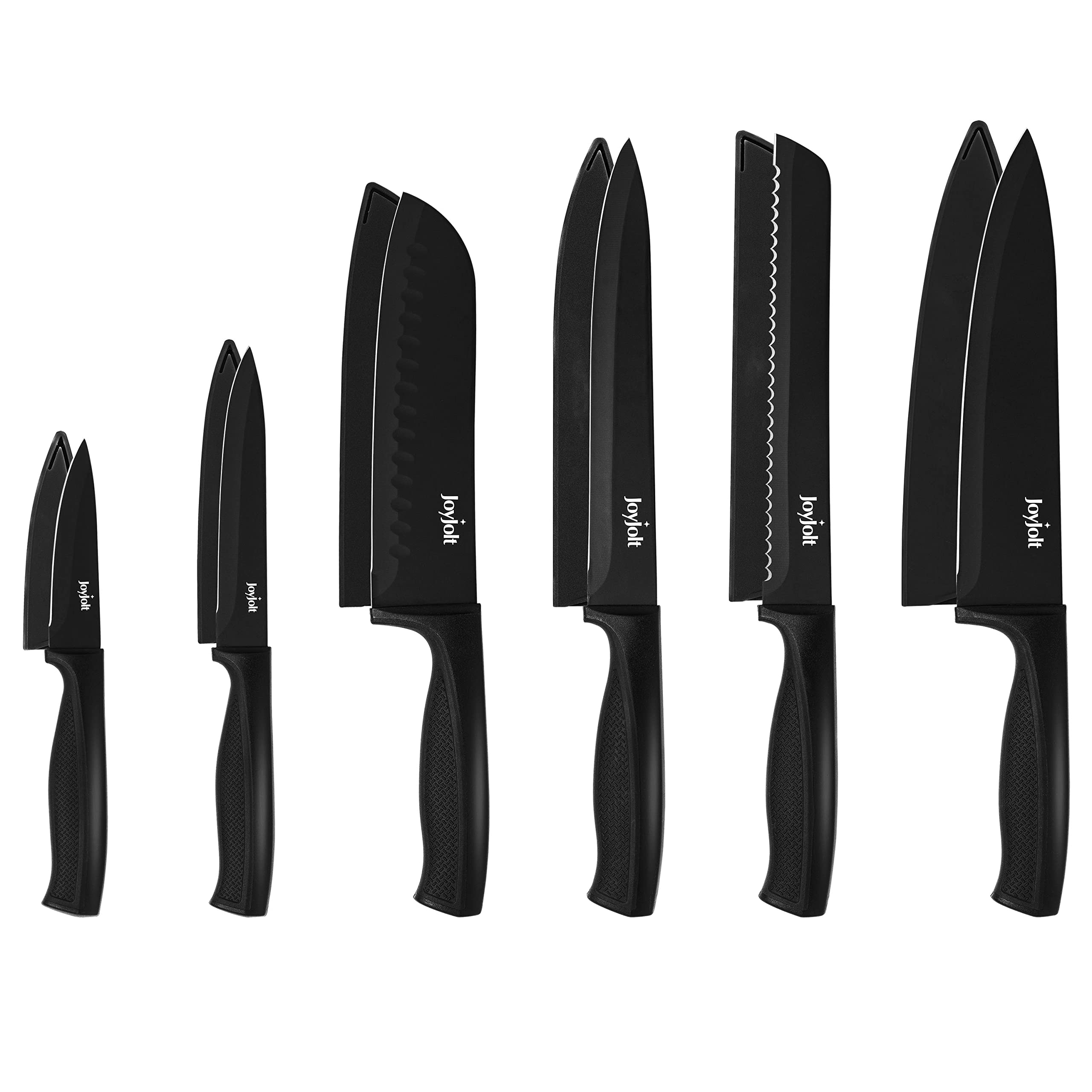 JoyJolt 12pc Kitchen Knives Set (Black). Chefs Knife Set with Sheath Covers. Chef, Butcher, Bread, Slicing, Santoku, Utility and Paring Home And Kitchen Knives Sets