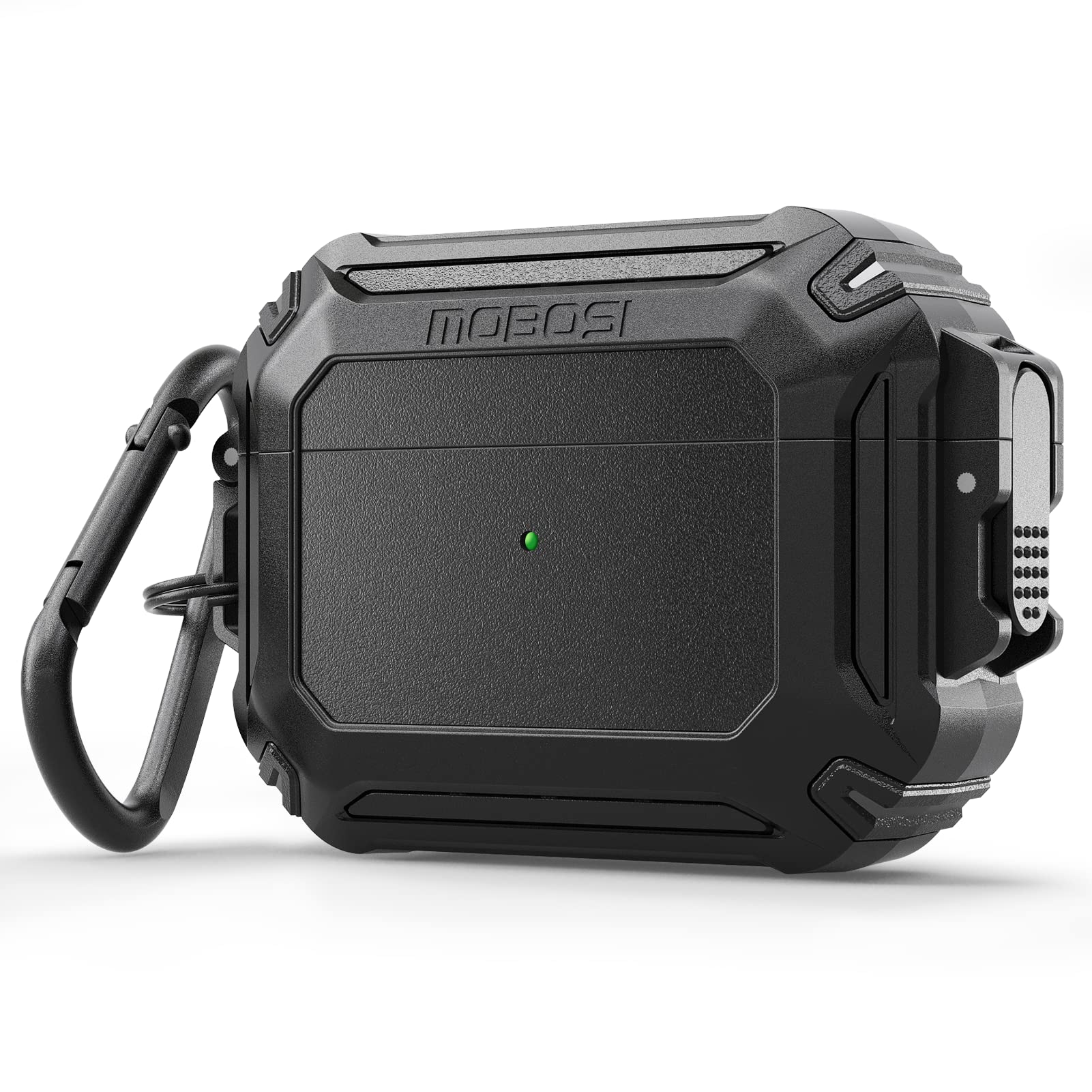 MOBOSI Case with Spring Lock Clip, [Top Cover Never Falls] Hard Rugged Protective Pop-up Case Cover with Keychain for Men, Full-Body Shockproof Case for AirPods Pro, Black