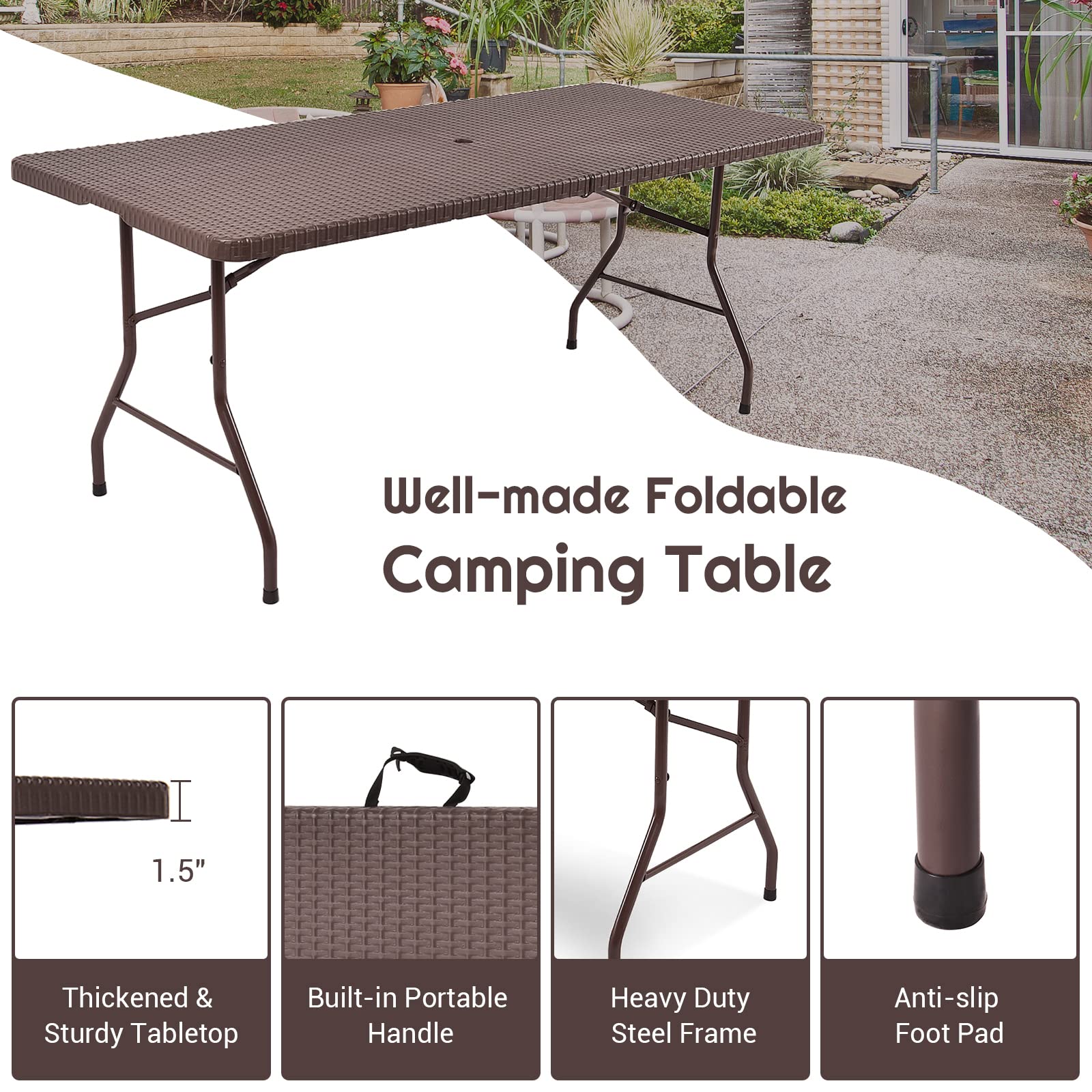 GYMAX 6FT Folding Table, Portable Lightweight Camping Table with Carry Handle, Easy Fold Up Rectangle Indoor/Outdoor Collapsible Table for Camp, Picnic, BBQ, Patio (Rattan Tabletop with Umbrella Hole)