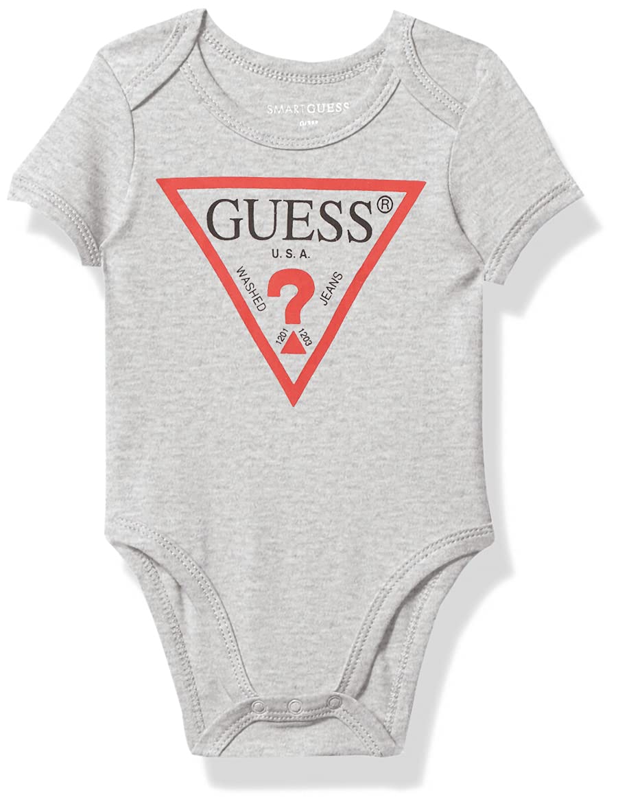 GUESS Unisex Organic cotton jersey screen print logo short sleeve bodysuit, Light Stone Heather, 6/9M