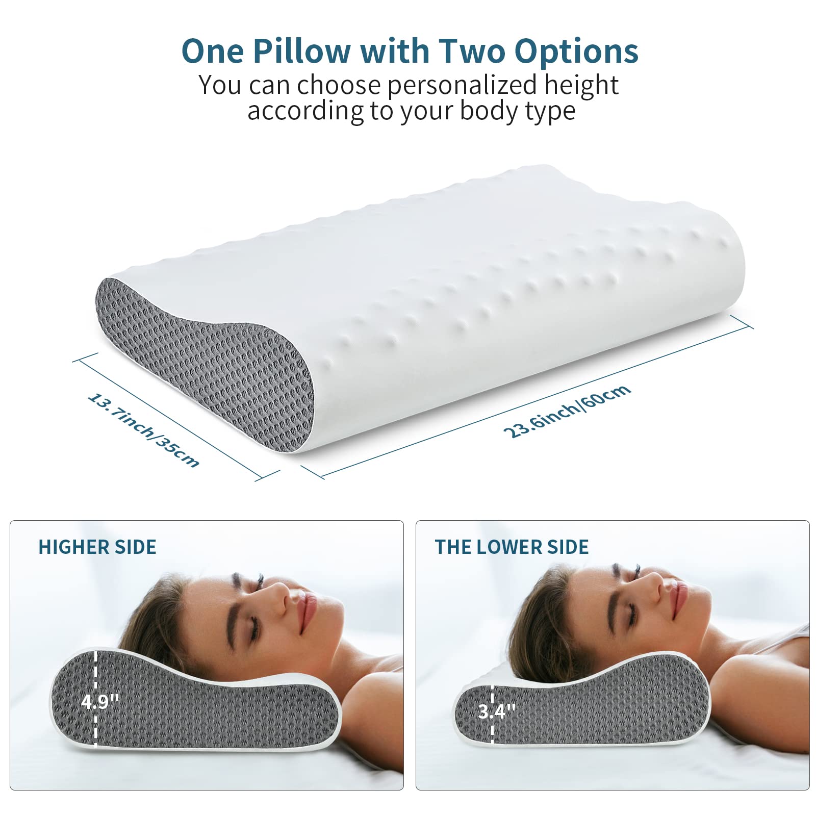 HAMYODO Memory Foam Contour Neck Pillow for Neck and Shoulder Pain Relief - Ergonomic Cervical Pillow with Cooling Pillowcase - Washable Cover - 2 Heights for Side, Back and Stomach Sleepers