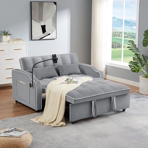 Modern Foldable Sofa Bed with USB Charging Ports,Pull Out Velvet Loveseat Sleeper with Swivel Phone Stand,Futon Couch with Cup Holders & Adjustable Backrest for Living Room,Gray