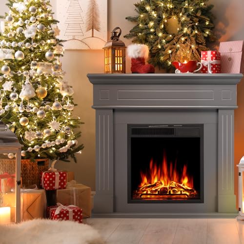 Havato 43" Electric Fireplace with Mantel, Freestanding Electric Fireplace, Wooden Surround Firebox, Remote Control, 7 Level Adjustable Led 3D Frame, 750W/1500W Grey