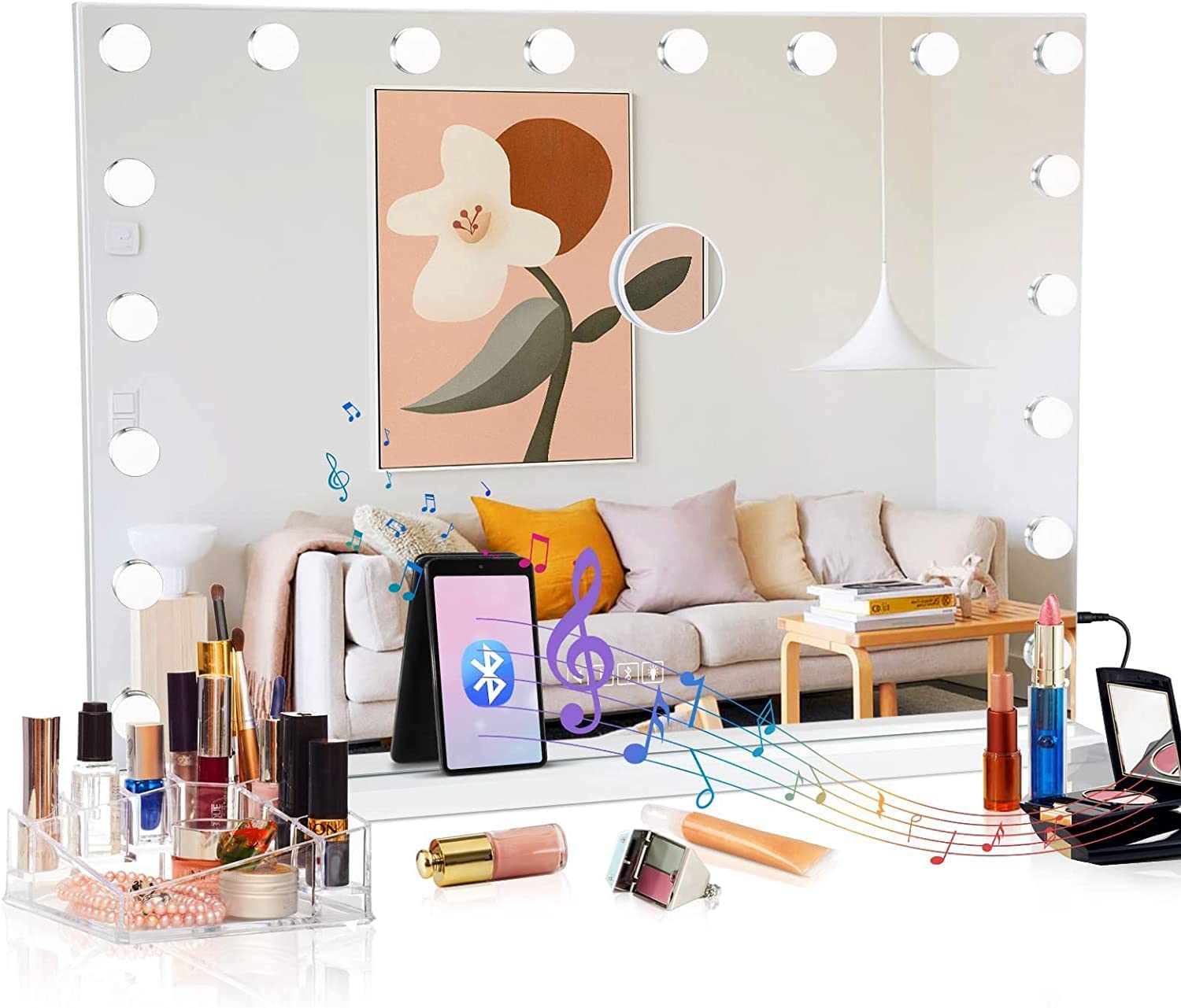 Large Hollywood Beauty Makeup Mirror with Bluetooth 18 LED Bulbs Large Lighting Cosmetic Vanity 3 Color Lighting Modes Makeup Mirror with USB Charging Port, Touchscreen, Tabletop & Wall-Mounted