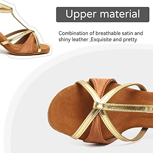 HIPPOSEUS Women's Latin Dance Shoes Brown T-strap Open Toe Ballroom Salsa Dance Shoes 3" heel,US 5.5