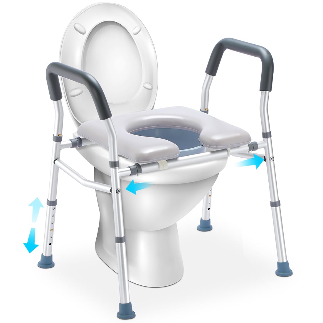 HEAO 3-in-1 Raised Toilet Seat, Adjustable Width/Height, Padded Seat with Splash Guard, Toilet Safety Frame, Shower Chair for Seniors, Handicap,Pregnant, 300 lbs