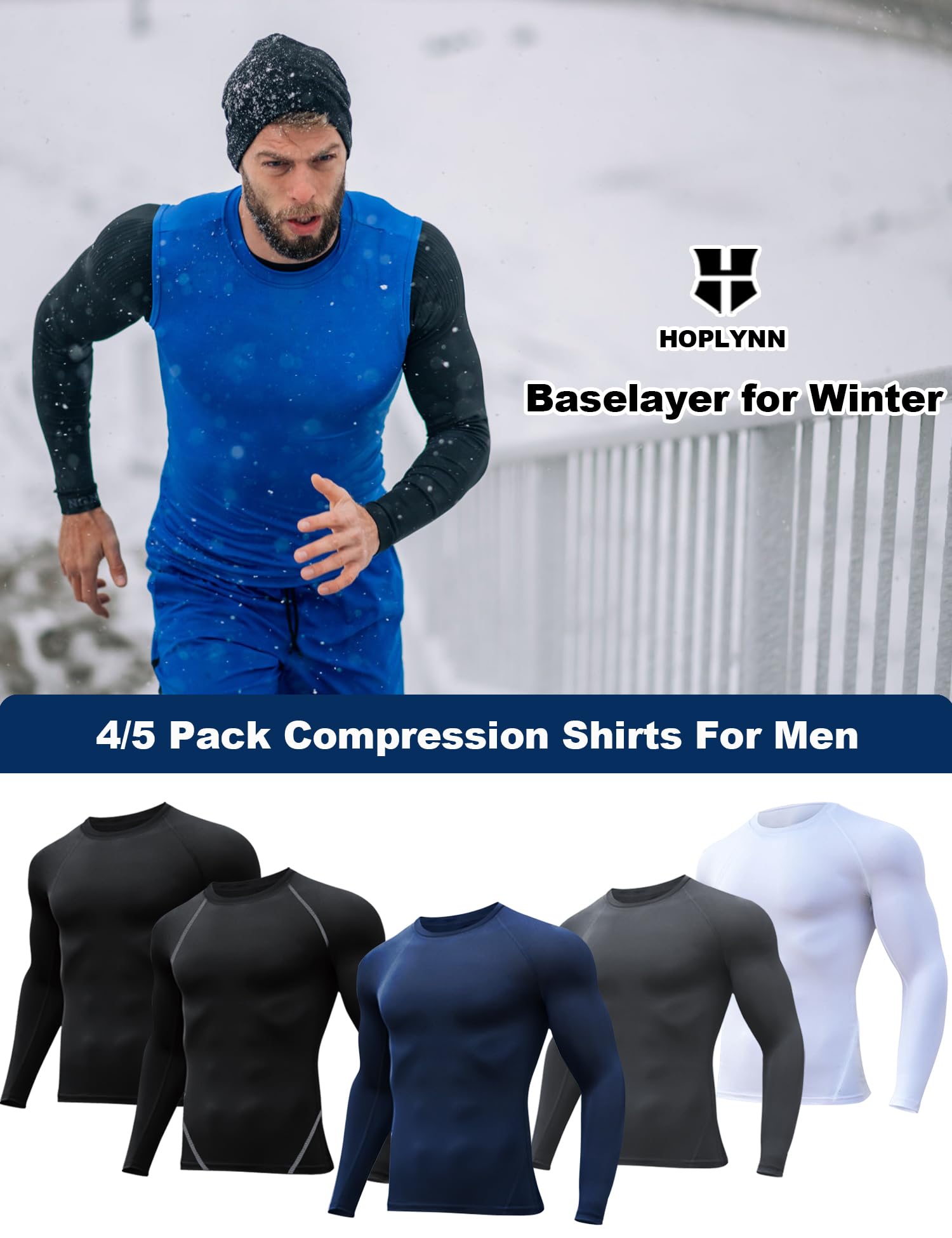 HOPLYNN 5 Pack Compression Shirts Men Long Sleeve Rash Guard Athletic Baselayer Undershirt Gear Tshirt for Sports Workout 2 Black 1 White 1 Blue 1Gray-M