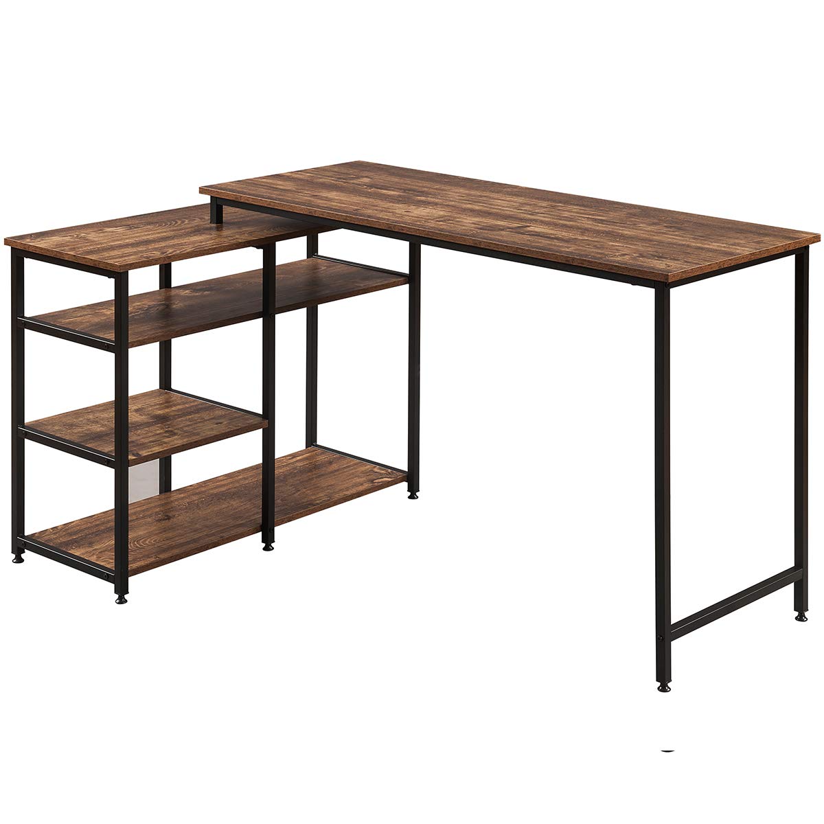 Henf L-Shaped Computer Desk, Industrial Rustic Wood and Metal Office Desk Writing Table with Storage Shelves, Left or Right Set Up Corner Desk Study Table for Home Office, Brown