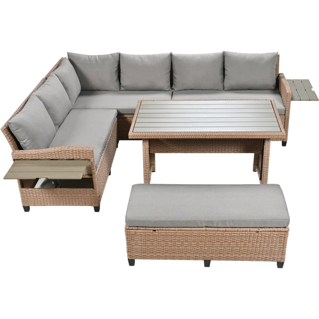 FZZDP 5-Piece Outdoor Patio Rattan Sofa Set, L-Shaped Garden Furniture Set with 2 Extendable Side Tables, Dining Table