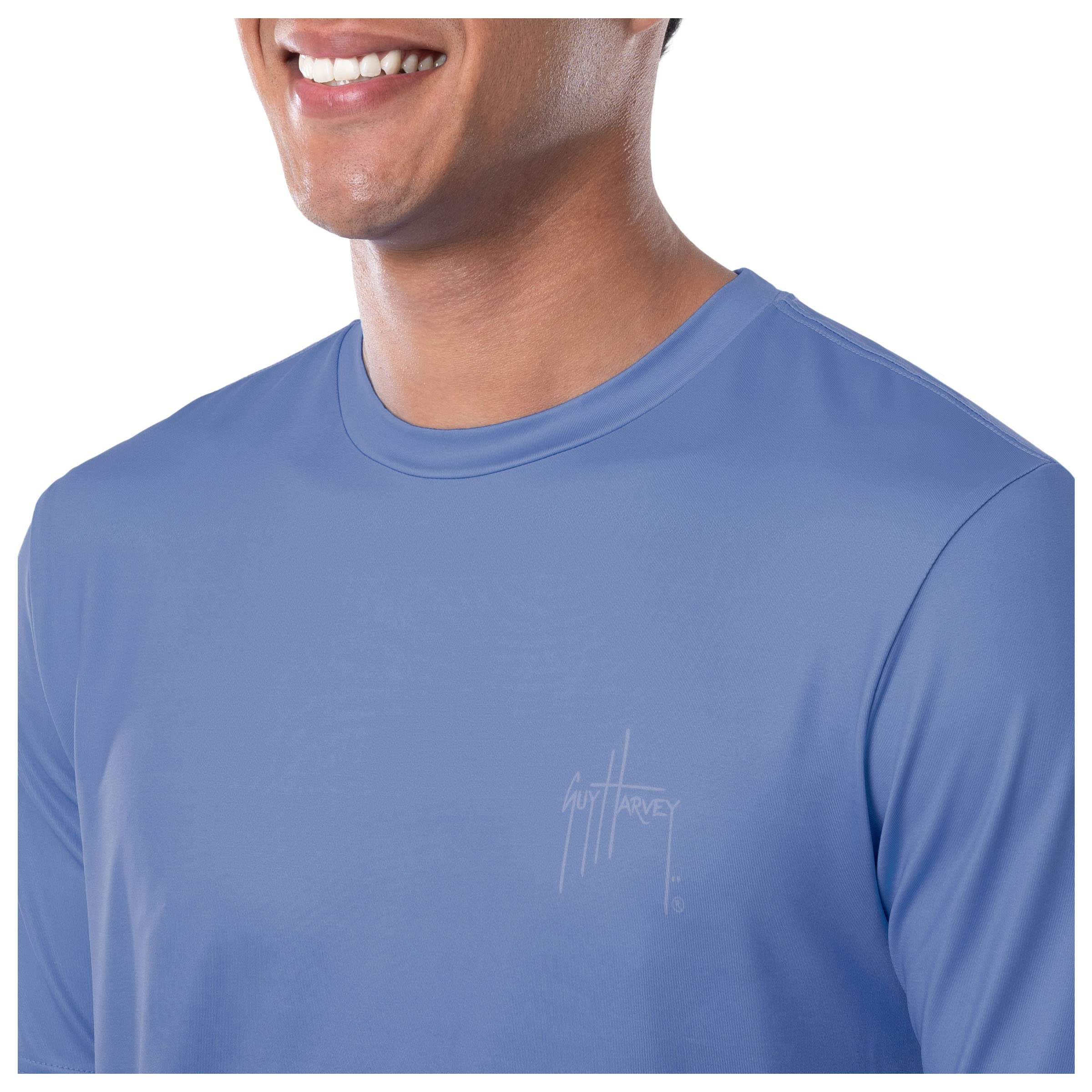 Guy Harvey Men’s Short Sleeve Performance Shirt with 50+ UPF Sun Protection, Estate Blue/Ombre Bills, Large