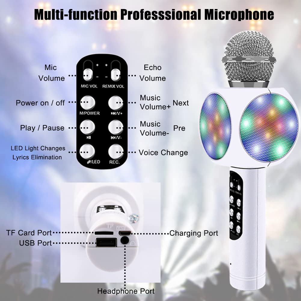 iUse Wireless Karaoke Mic speaker Bluetooth Microphone, 4-in-1 Portable Singing Handheld Karaoke Machine with LED Lights for all smartphones, Gift for Children All Ages Party Birthday KTV (White)