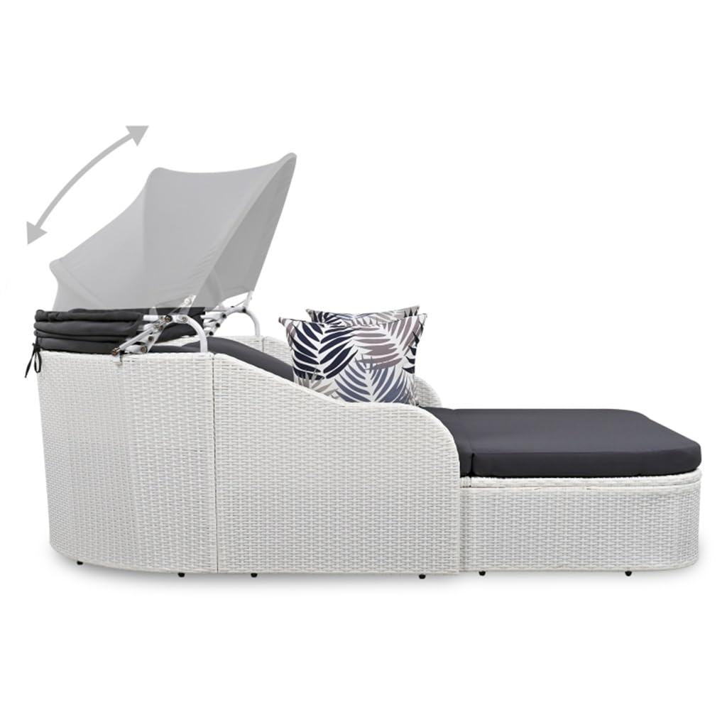 FZZDP 79.9" Outdoor Sunbed with Adjustable Canopy, Double Lounge, PE Rattan Daybed, White Wicker