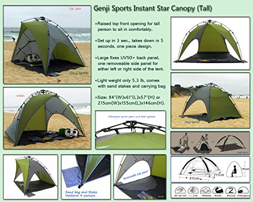 Genji Sports Star Canopy Instant Beach Sun Shelter, Green/Beige, One Size