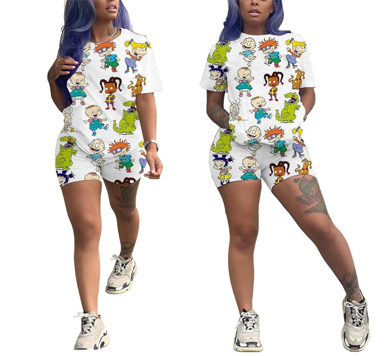 Heyreeg Women Biker Short Sets 2 Piece Outfits Summer Cute Tye Dye 90s Carton Shirt Bodycon Jumpsuits Track Suits White S
