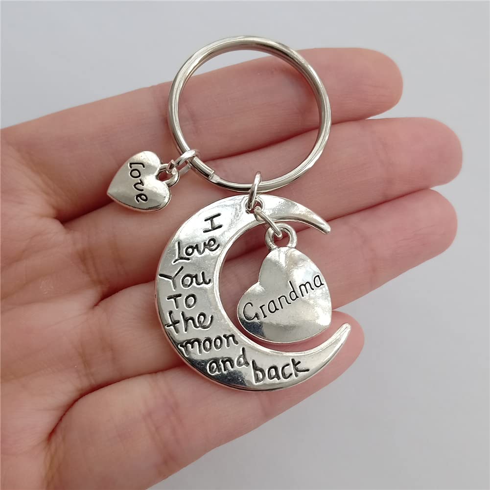 I Love You to the Moon and Back Grandma Keychain Heart Shape Pendant Engraved Keyring