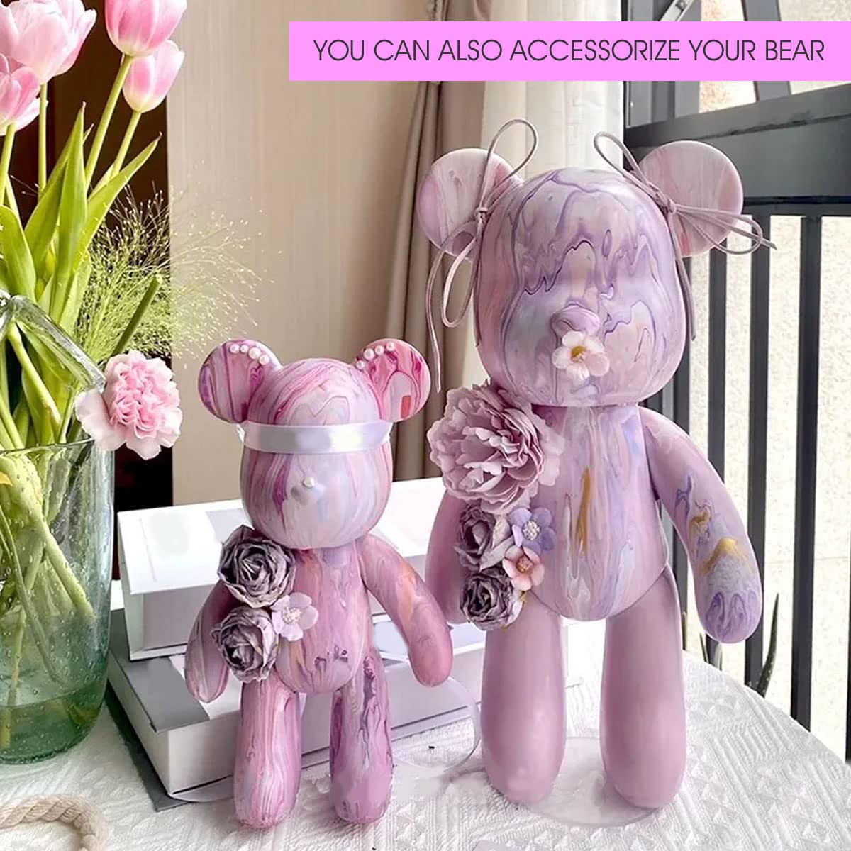 InSassy 7" Easy DIY Create customize Art and Craft kits Non-Toxic Pour Over Acrylic Fluid Paint Bear Kit for boys and girls - White-Lavender-Pink Kit