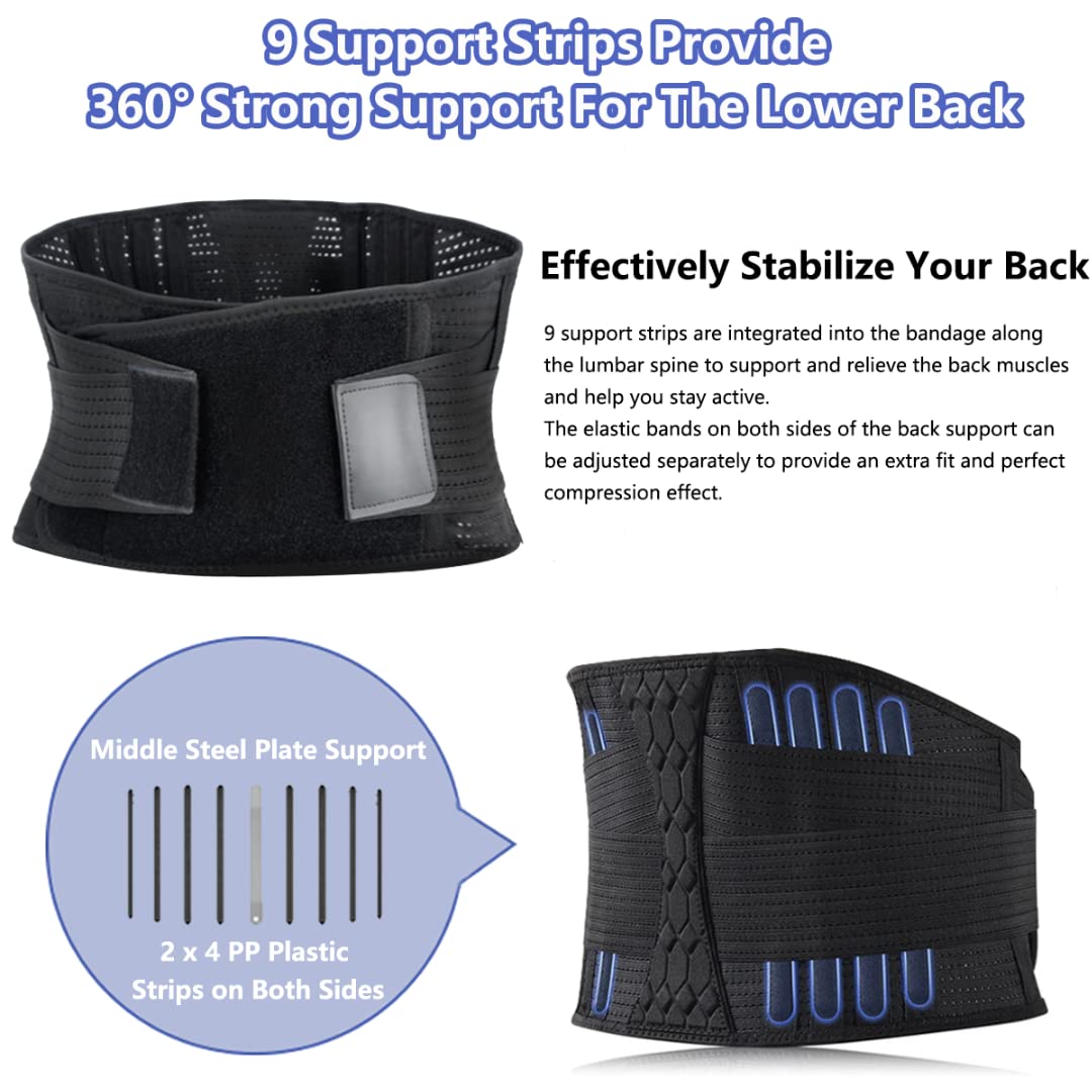 GRAIKETLY Back Support Belt For Men, Back Brace For Lower Back Pain With Dual Adjustable Straps, Lumbar Support Back Brace With 9 Support Strips, Lower Back Relief For Pain, Heavy Lifting - Size S