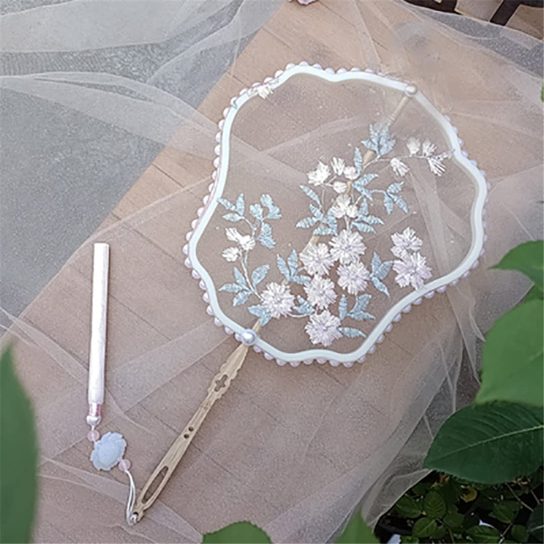 Lmtossey Chinese Traditional Embroidery Hand Fan Vintage China Ancient Costume Han Fu Dance Cheongsam Fan Long Handle Performance Props
