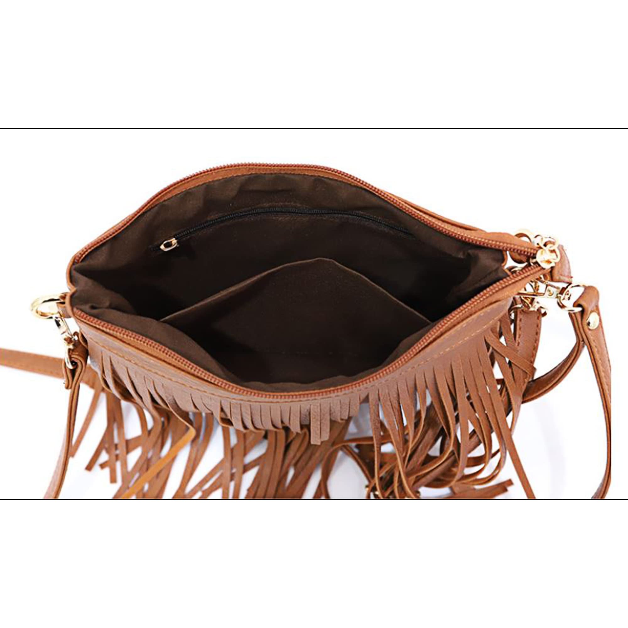 Hyuyikuwol Womens Fringe Messenger Bag Wrist Strap Shoulder Crossbody Bag Satchel PU Leather, Brown