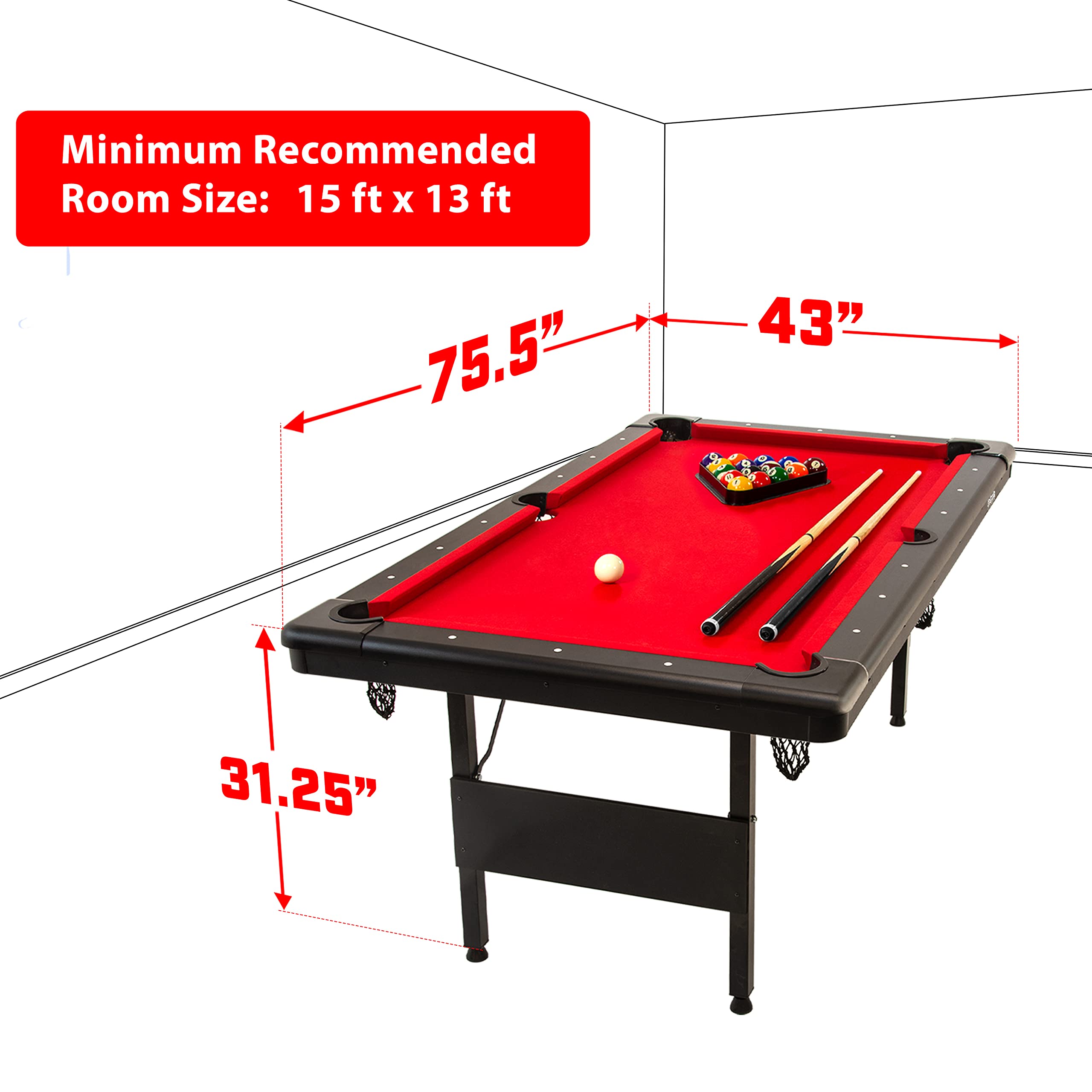 GoSports 6 ft Billiards Table - Portable Pool Table - Includes Full Set of Balls, 2 Cue Sticks, Chalk, and Felt Brush - RED