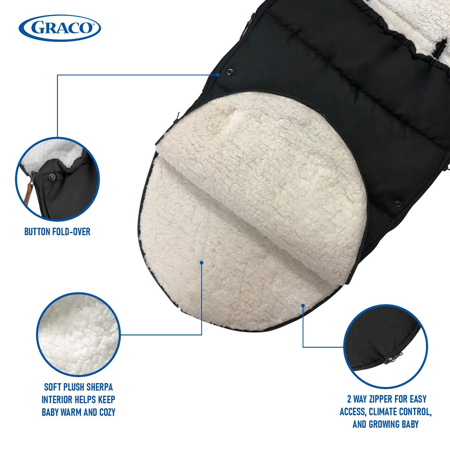 Graco Deluxe Stroller Footmuff Sleeping Bag with Sherpa Lining, Universal Size