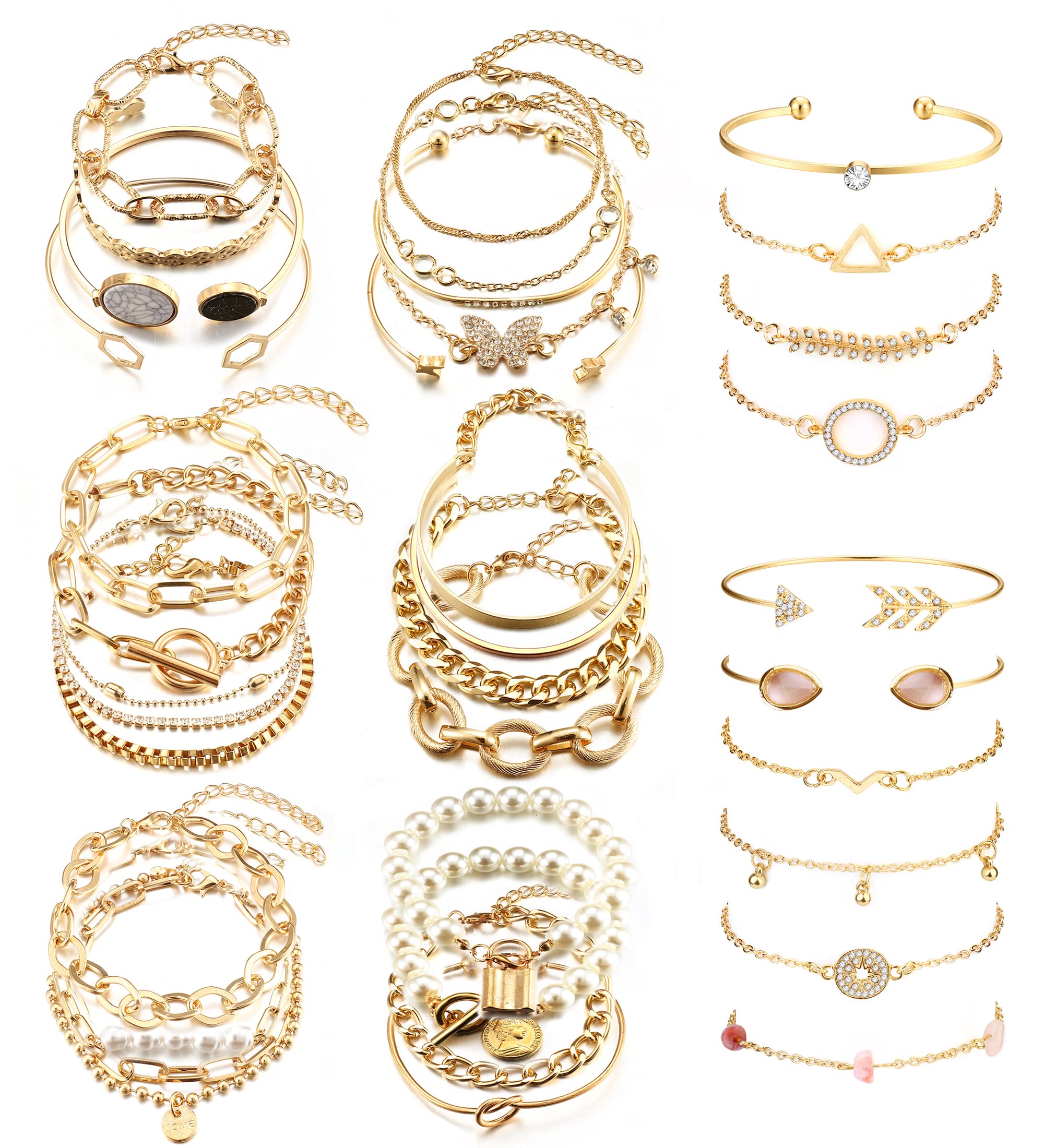 IRONBOX 35 Pcs(8 PACK) Boho Gold Chain Bracelets Set for Women Multiple Layered Stackable Open Cuff Wrap Bangle Adjustable Fashion Paperclip Link Italian Cuban Jewelry for Women Gift