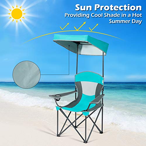 Goplus Folding Canopy Chair, Outdoor Camping Chair w/Cup Holder and Carrying Bag for Beach Park Poolside Patio (Turquoise)