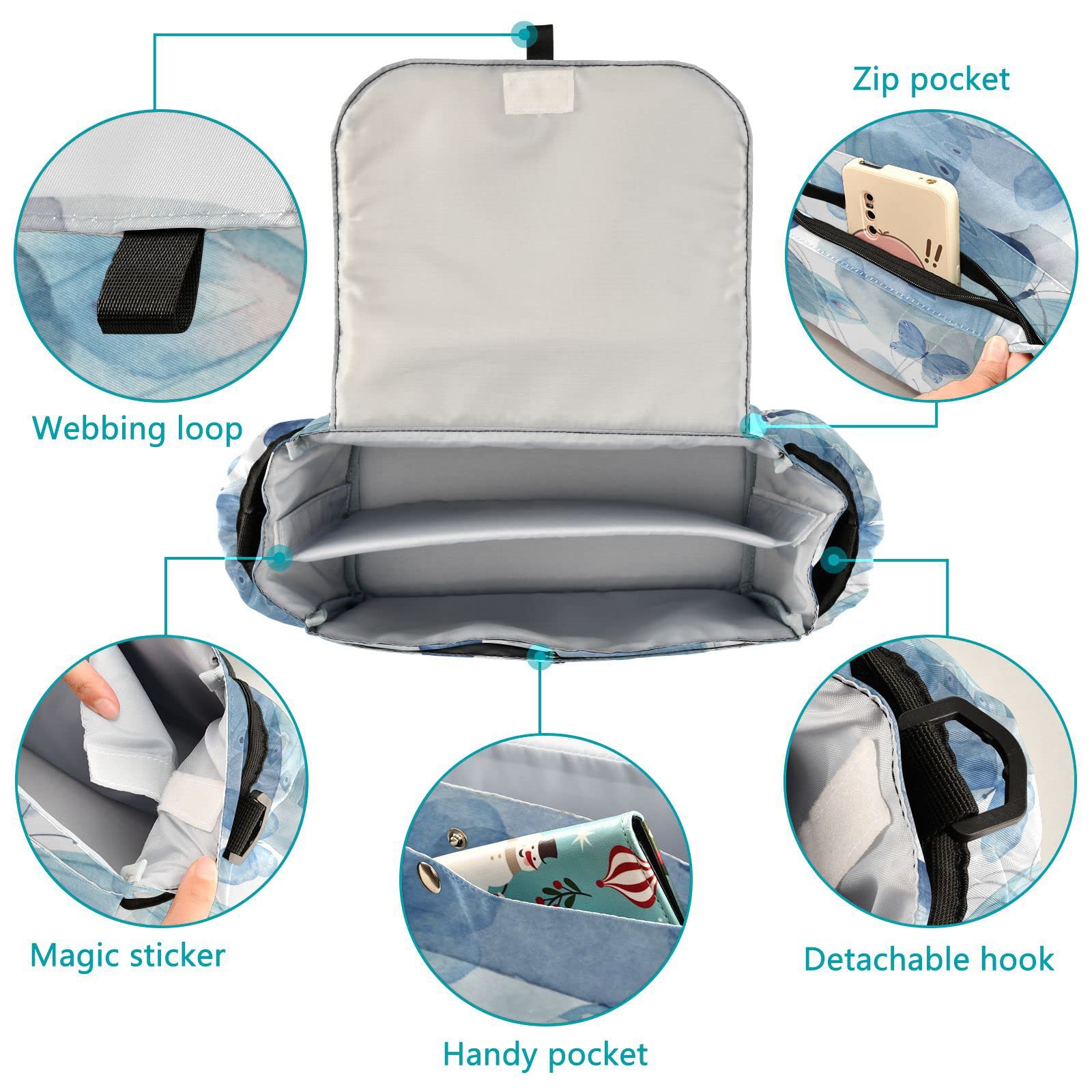 Kigai Blue Butterflies Baby Stroller Organizer with Cup Holders, Secure Hooks Accessories Adjustable Strap Stroller Bag for Bottle, Diaper, Phone, Toys, Baby Items