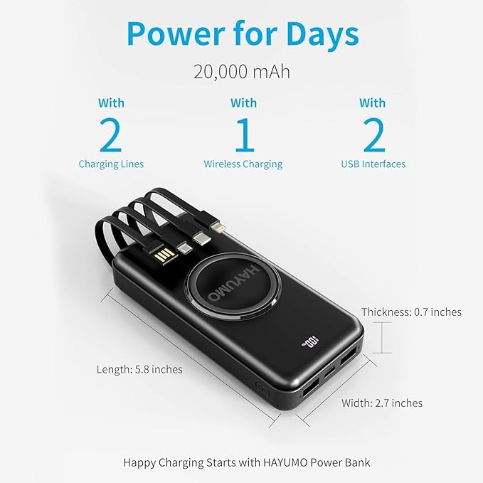 HAYUMO Power Bank, Portable Fast Charger Power Bank, 20000mAh with 22.5W High-Speed Charging, 2-Way Output and 2-Way Input, Compatible with iPhone, Samsung, iPad (Black 1 Pack)