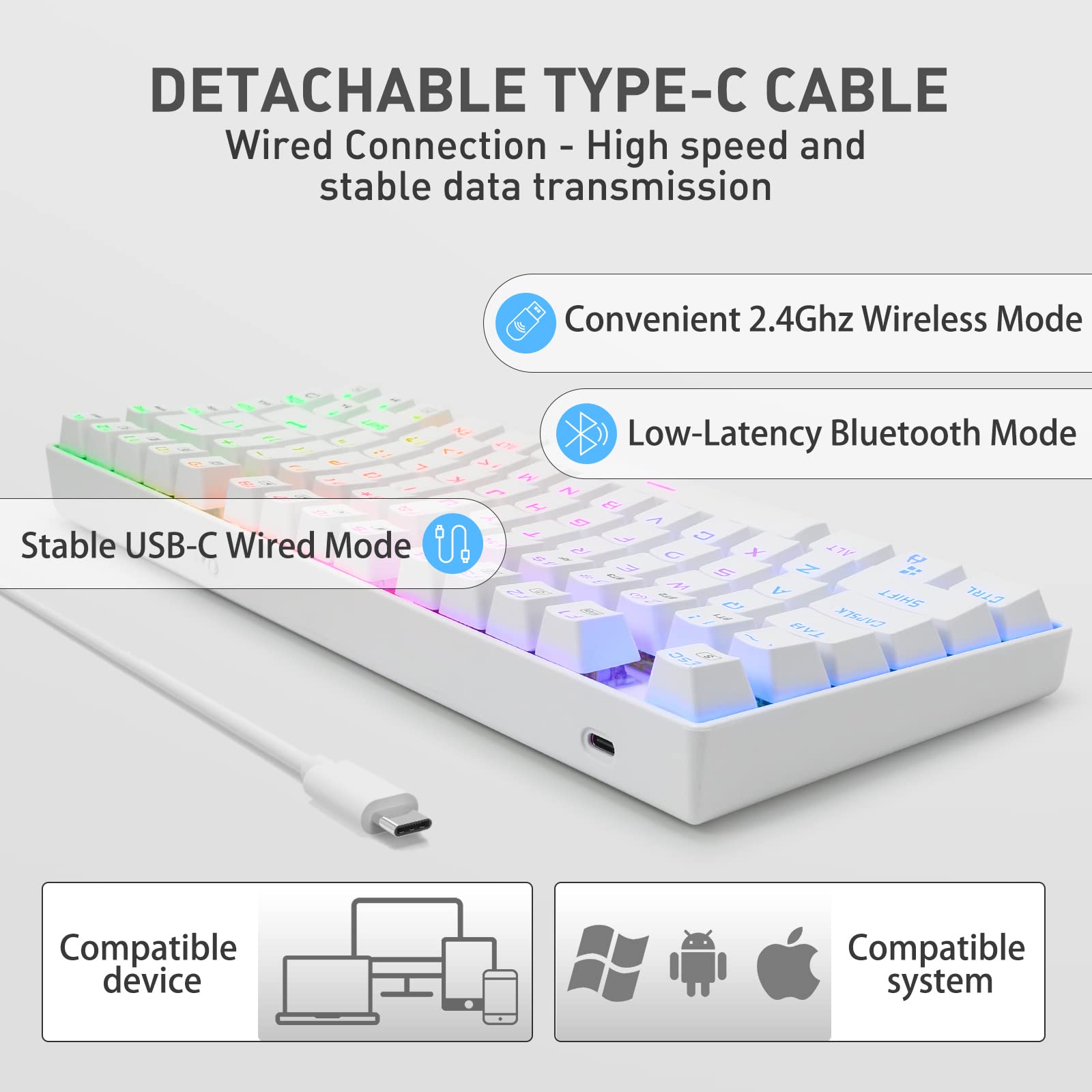 HUO JI Wireless RGB Mechanical Keyboard,Bluetooth/2.4Ghz/Wired Z-88 Gaming Keyboard with Clicky Blue Switches RGB LED Backlit 81 Keys Compact for Mac, PC, White