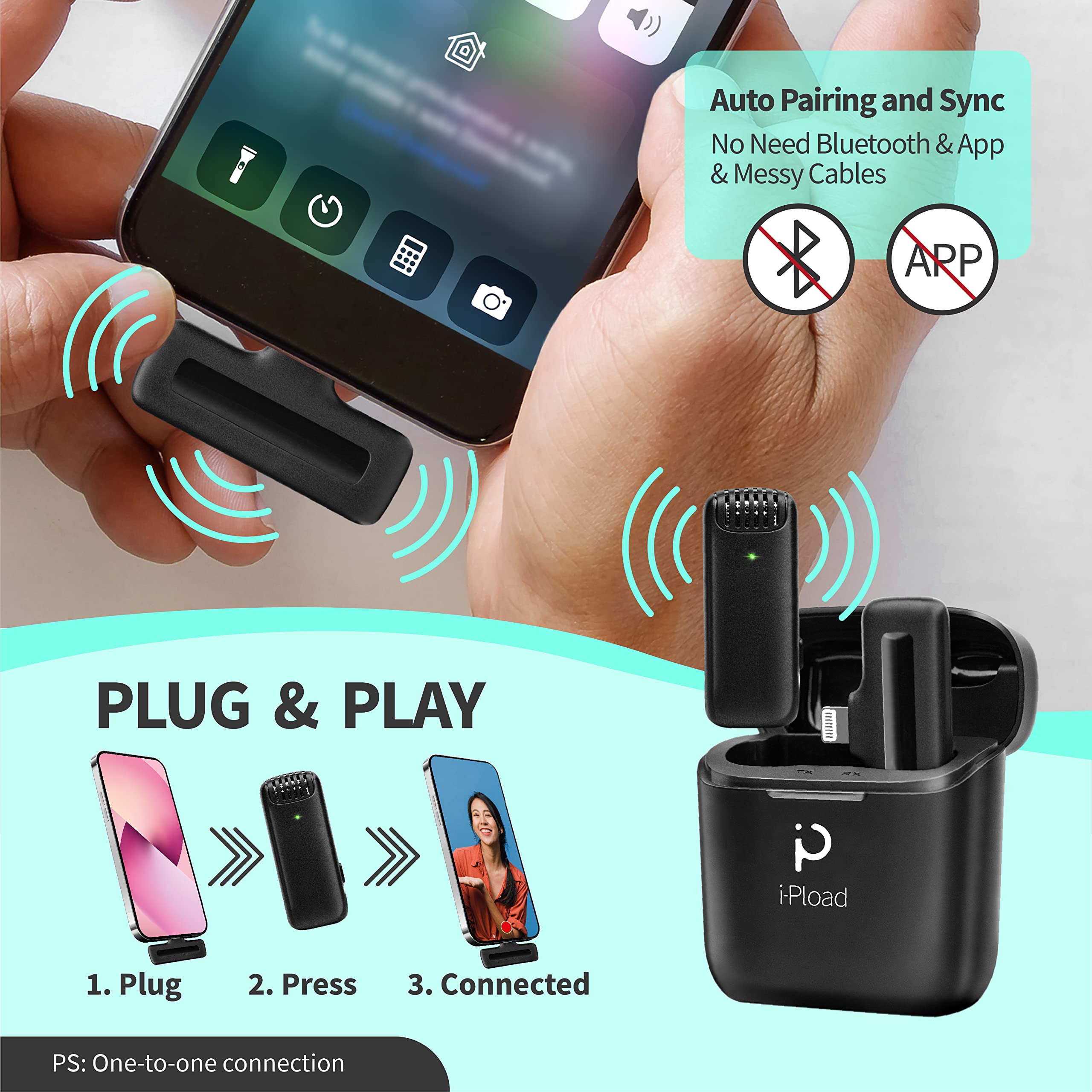 i-Pload Wireless Lavalier Lapel Microphone for iPhone iPad with Charging Case-Noise Reduction Chip-Professional Mic for Youtubers, Facebook Live Stream, TIK Tok Creators