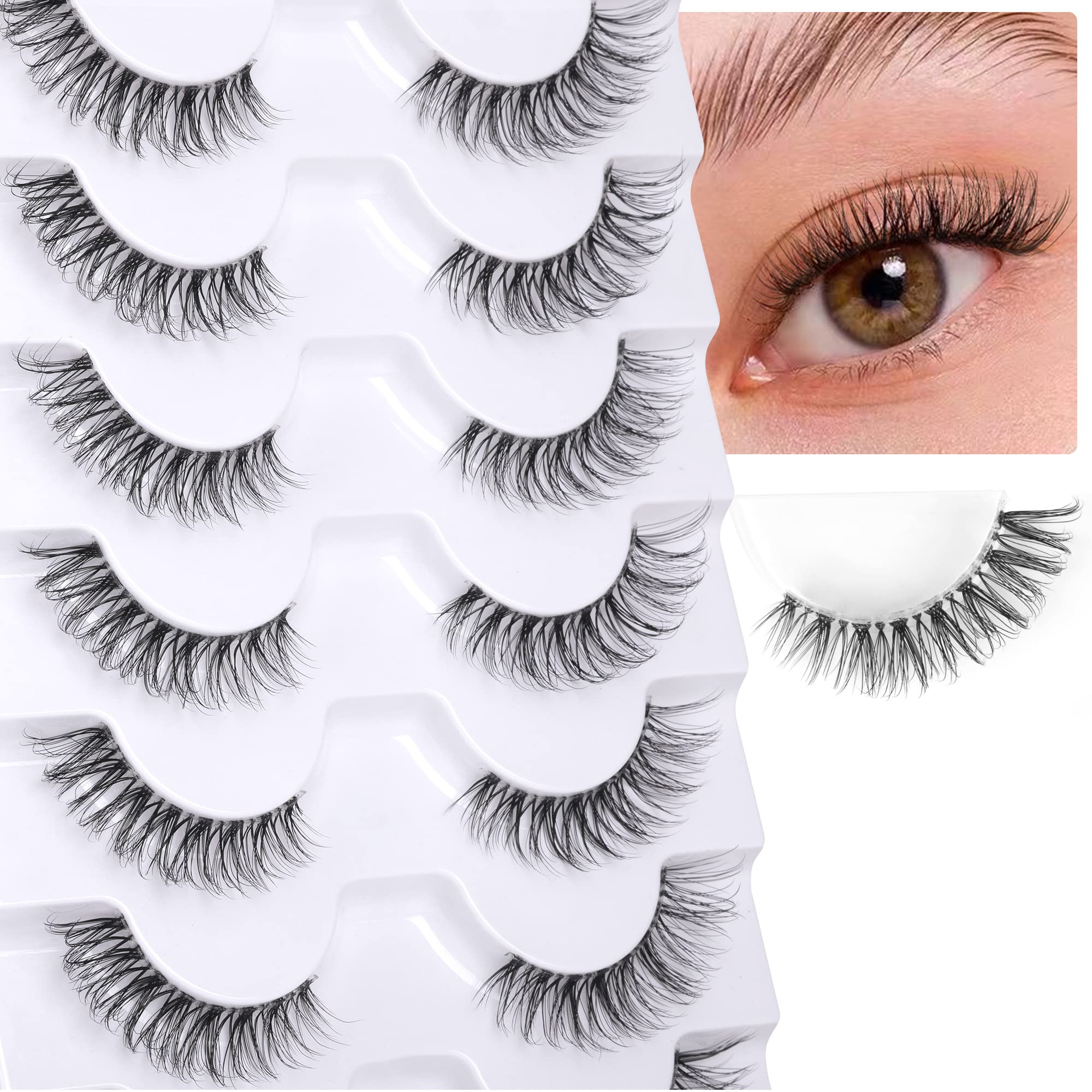 Lashes Natural Look False Eyelashes Wispy Fluffy Strip Fake Eyelashes Short 3/4 Lashes Volume Cat Eye Faux Mink Eye Lashes with Clear Band Pack 7 Pairs ALICROWN