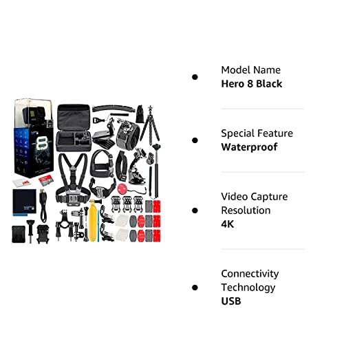 GoPro HERO8 Black Digital Action Camera - Waterproof, Touch Screen, 4K UHD Video, 12MP Photos, Live Streaming, Stabilization - 64GB Card - with 50 Piece Accessory Kit - All You Need Bundle