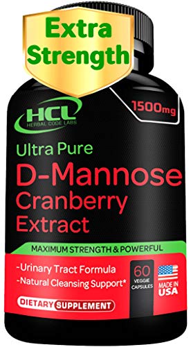 HCL HERBAL CODE LABS D-Mannose with Cranberry Extract Capsules 1500mg Super Strength Pills – Fast-Acting UTI Urinary Tract – Bladder Health Supplement