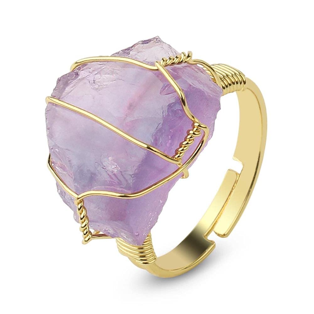 Healing Chakra Crystal Ring Handmade Wire Wrap Natural Rock Rings Adjustable Natural Crystal Original Stone Ring Retro Gemstone Opening Wired Wrapped Rings Jewelry-Purple Amethyst