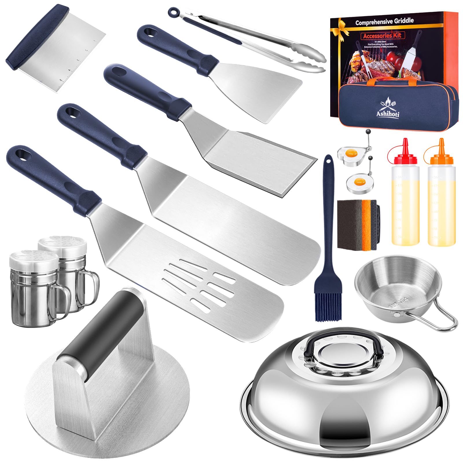 Griddle Accessories for Blackstone with Burger Press,20Pcs Grill Accessories,Enlarged Grill Spatula,Scraper,Basting Cover,Griddle Accessories kit for Hibachi,with Burger Smasher,Grill Black Tools Set