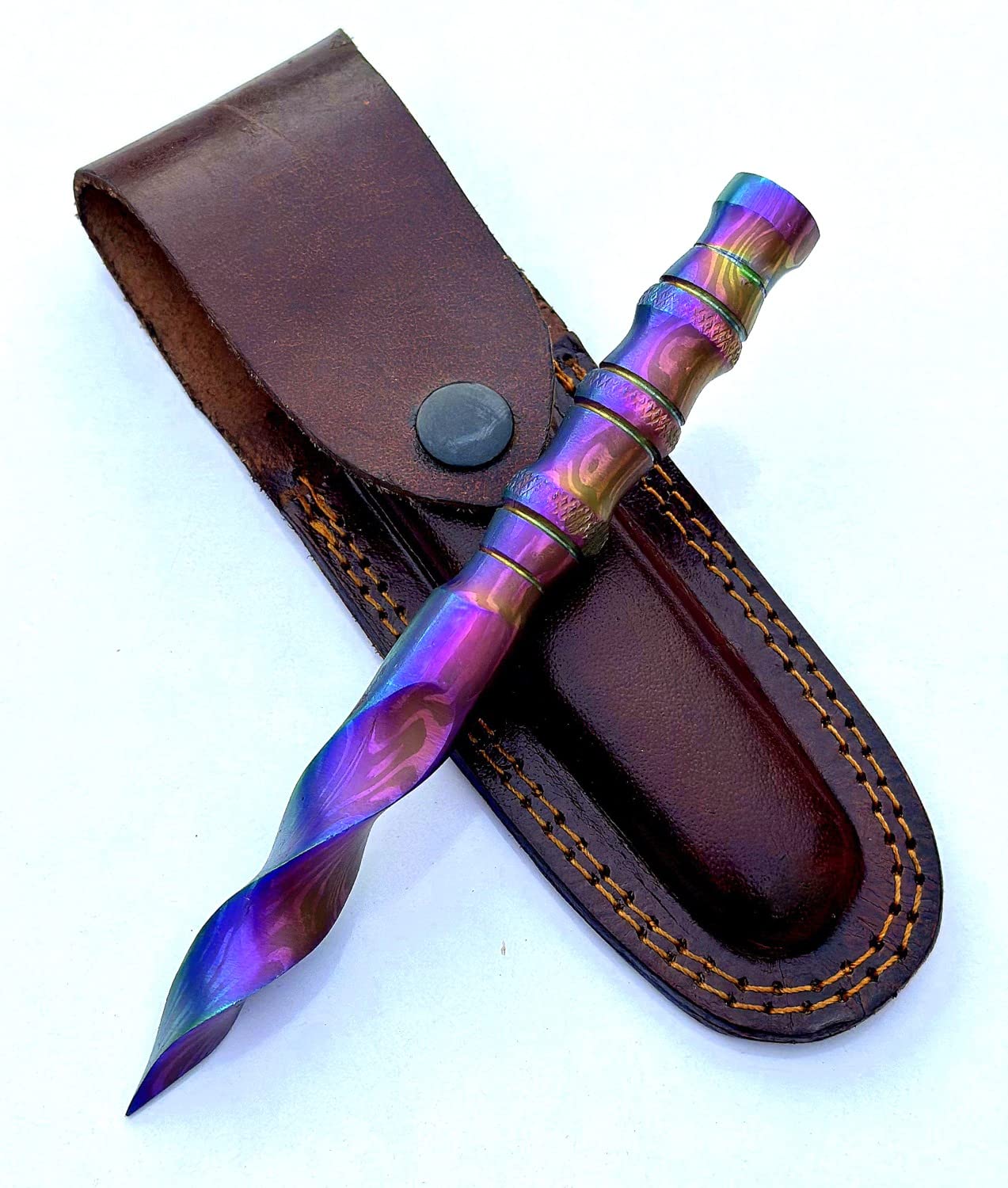 JNR Traders Handmade Full Tang Tri Edge Knife Damascus Steel Cyclone Knife 6 Inch Twist Blade Spiraling Knife with Leather Sheath 3743