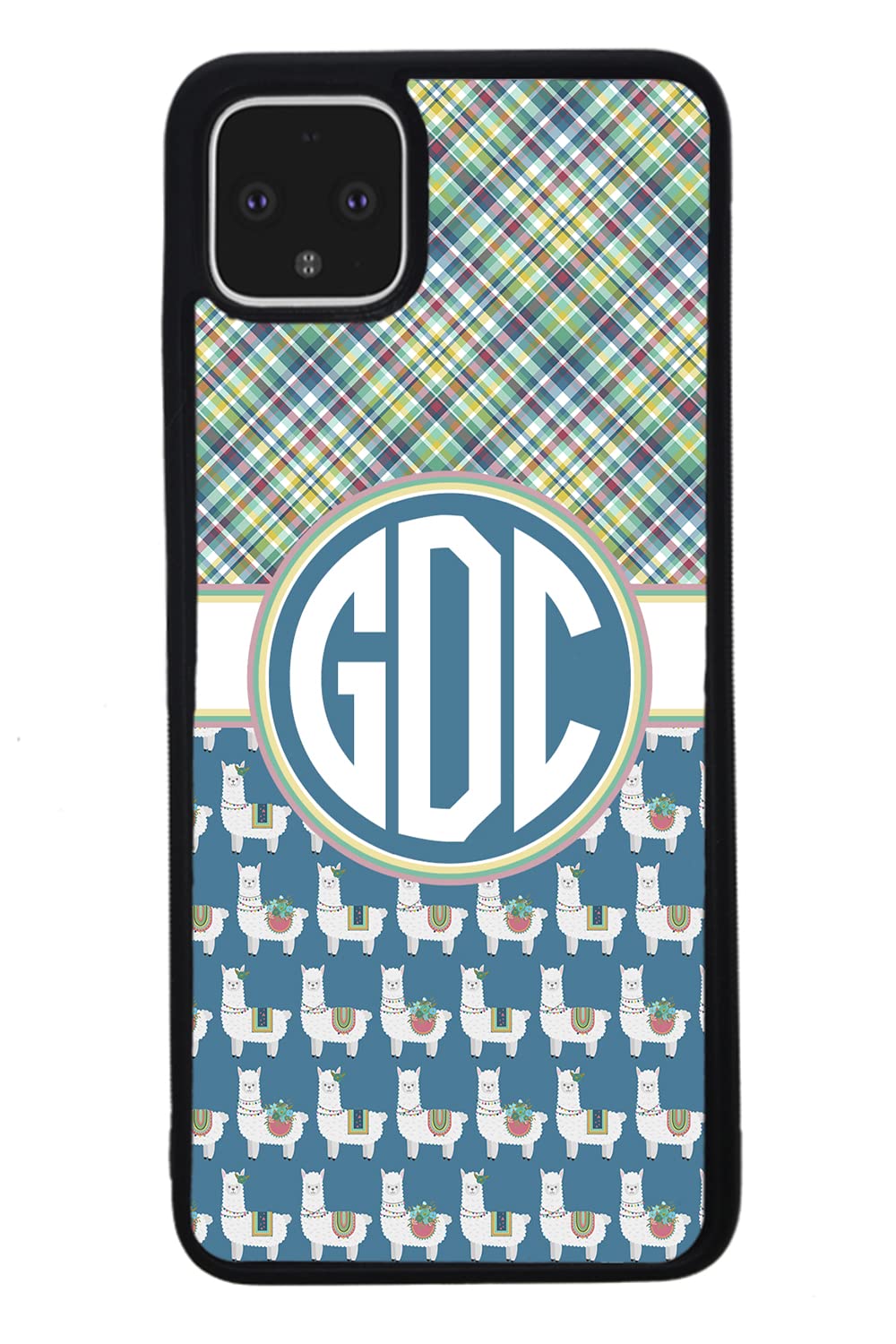 Green Blue and White Plaid Llama Monogram Black Rubber Phone Case Compatible With Google Pixel 8 Pro, 8a, 8, 7a, 7, Pixel 7 Pro, 6a, Pixel 6 Pro, 6, 5, 4a 5G, 4a 4G, 4, 4 XL, 3a, 3a XL, 3