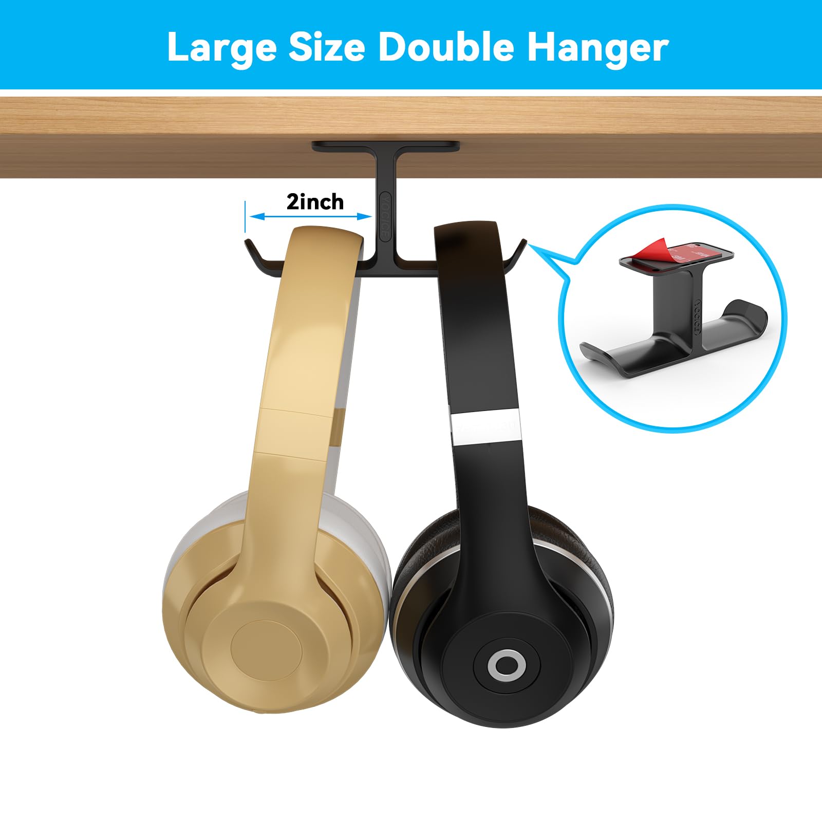 Yocice Upgraded Headphone Stand Hanger,Headset Holder Mount, Hook of Double Hanging Design with Strong Adhesive Tape for Headphones,H02U-Black-1PCS(Double Hanging)