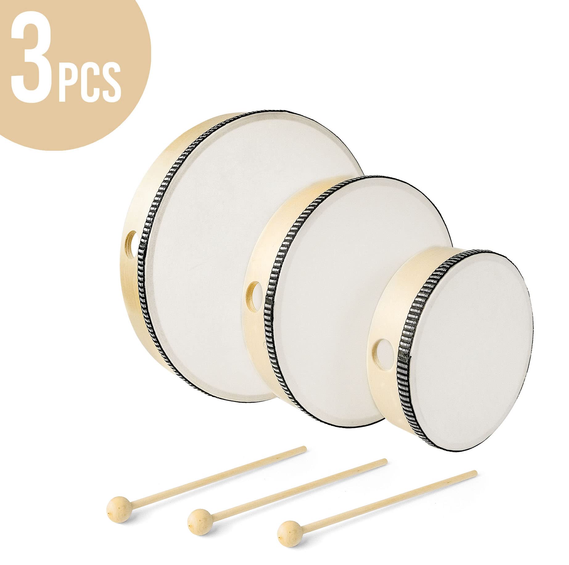 KEJJNYER Hand Drums with Drum Stick, 10 8 6 Inch Hand Drums for Adults Percussion Wood Frame Drum Musical Instrument for Party Class Home Supplies