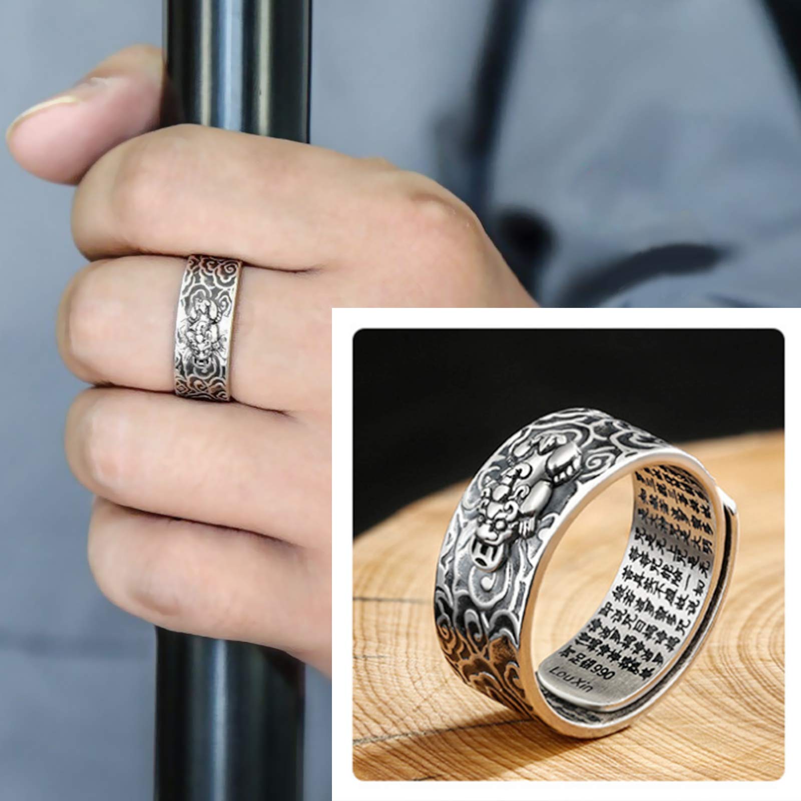 HJ HUAJ Feng Shui PiXiu Mantra Rings Protection Wealth Ring Adjustable Ring for Men Women
